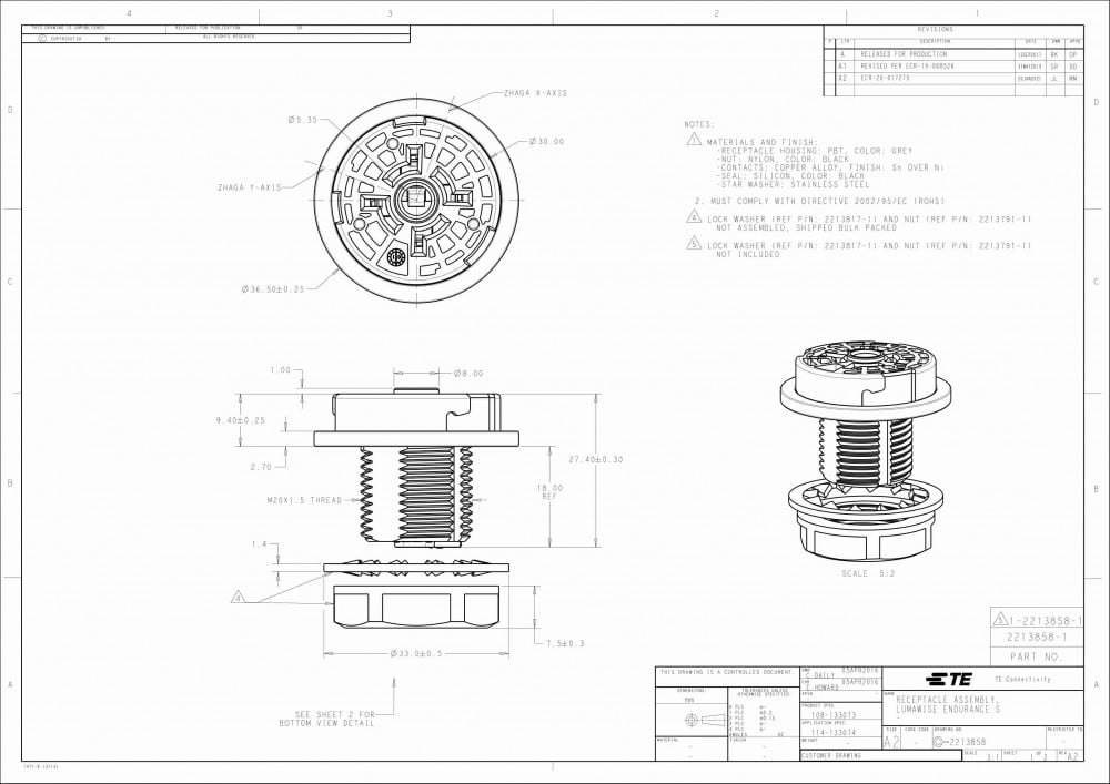 TE Connectivity 2213858-1 technical drawing page 1