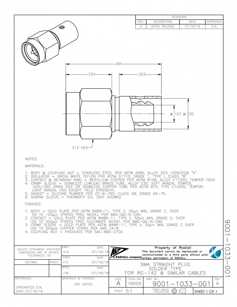 Radiall drawing for SMA straight plug 9001-1033-001