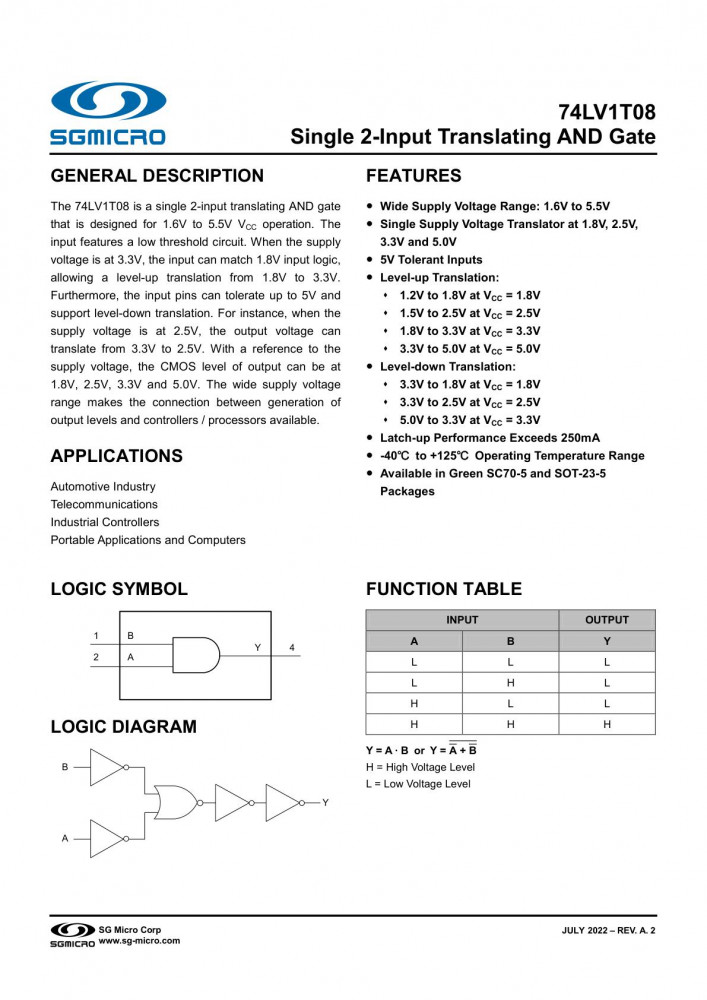 74LV1T08 datasheet page 1