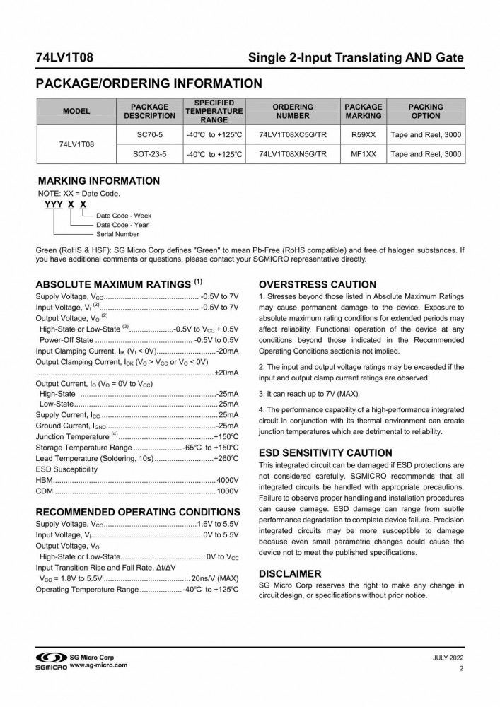 74LV1T08 datasheet page 2