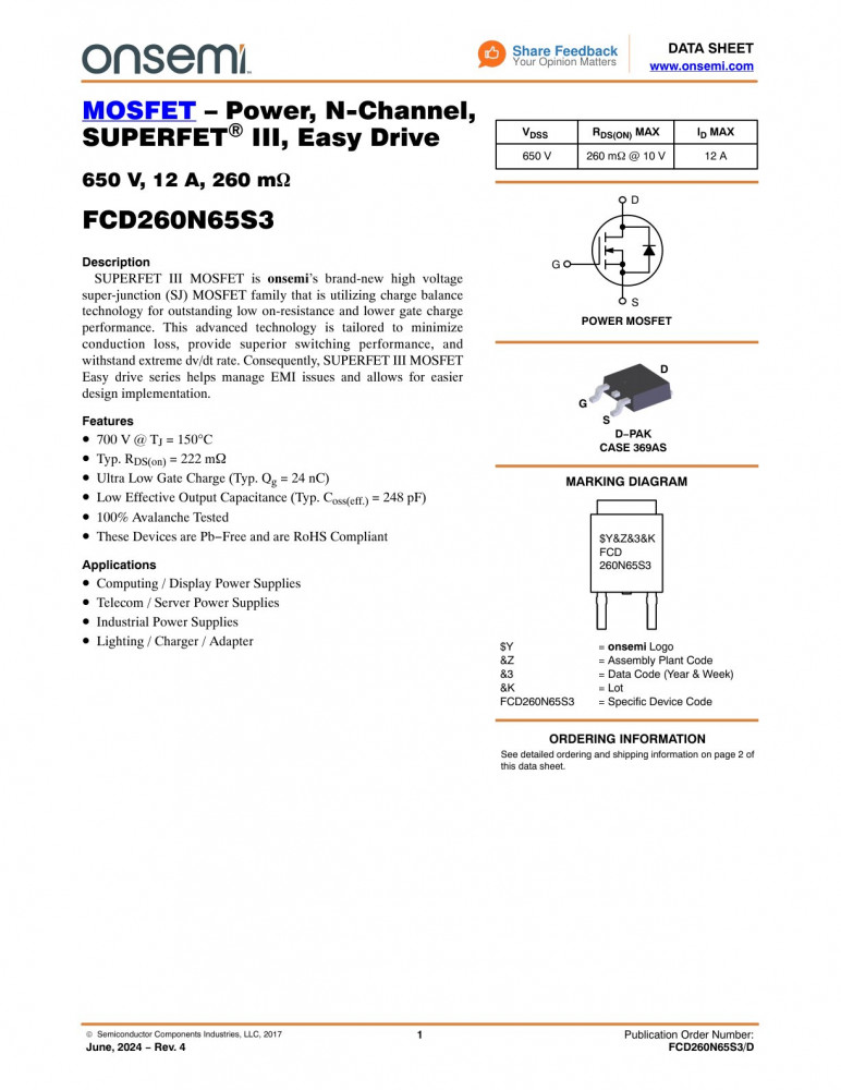 FCD260N65S3 datasheet page 1