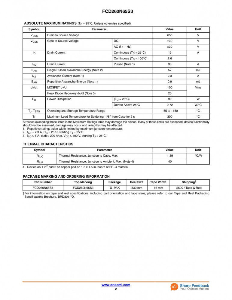 FCD260N65S3 datasheet page 2