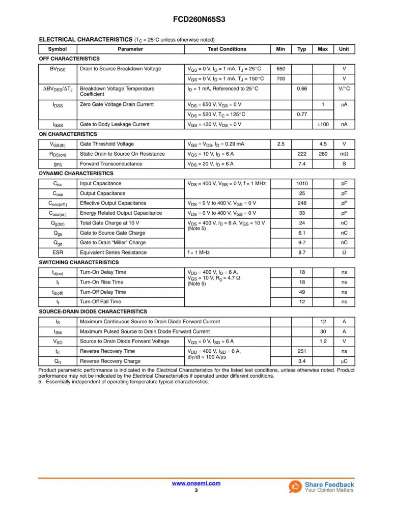 FCD260N65S3 datasheet page 3