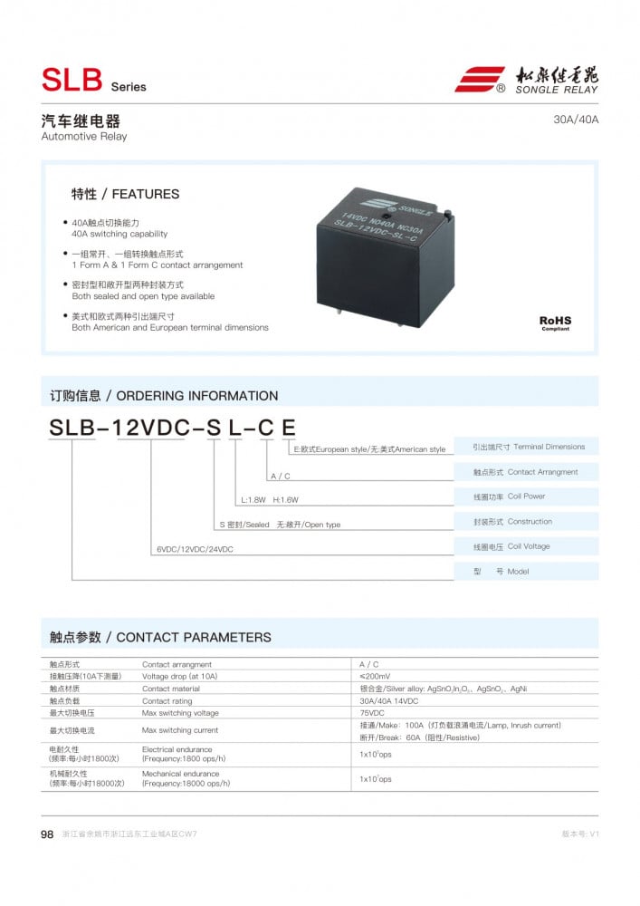 SLB automotive relay datasheet page 1