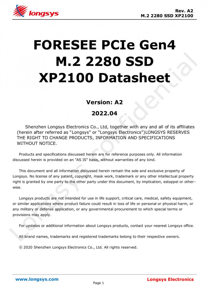 FORESEE XP2100 datasheet page 1