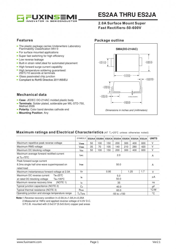 FUXINSEMI ES2JA datasheet page 1