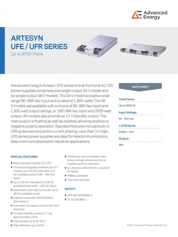 Artesyn UFE/UFR series datasheet page 1