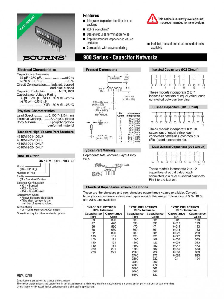 BOURNS 900 Series capacitor network datasheet page