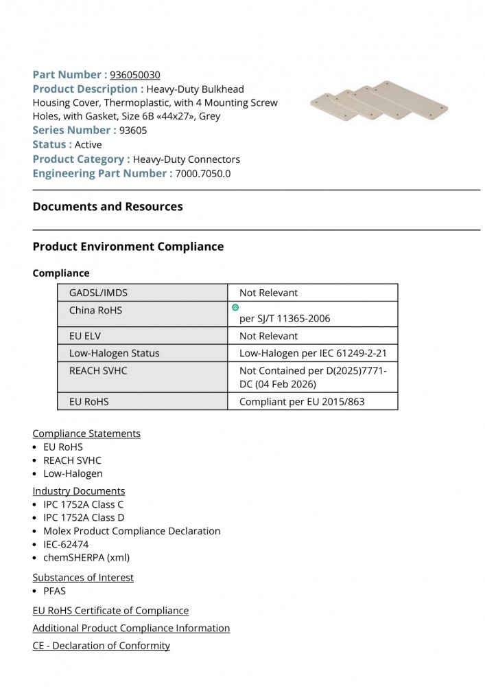MOLEX 936050030 product reference image, page 1
