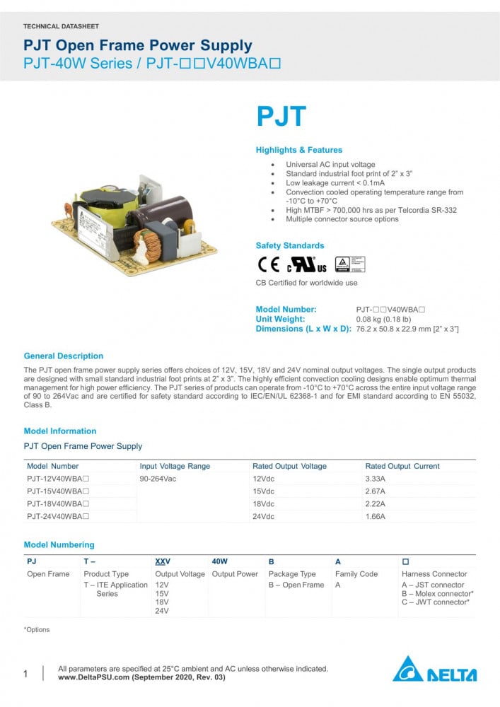 DELTA PJT-15V40WBAA datasheet page 1