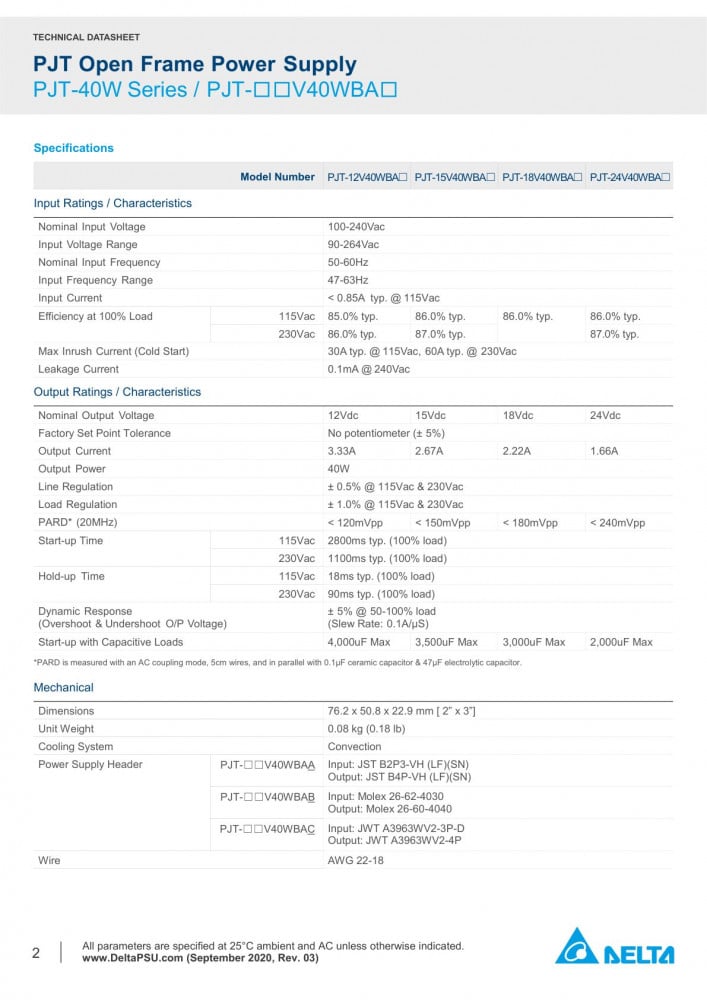 DELTA PJT-15V40WBAA datasheet page 2