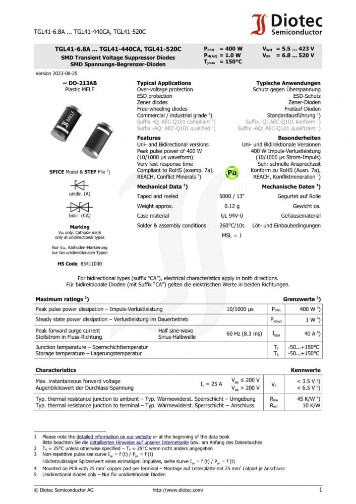DIOTEC TGL41 series datasheet page 1