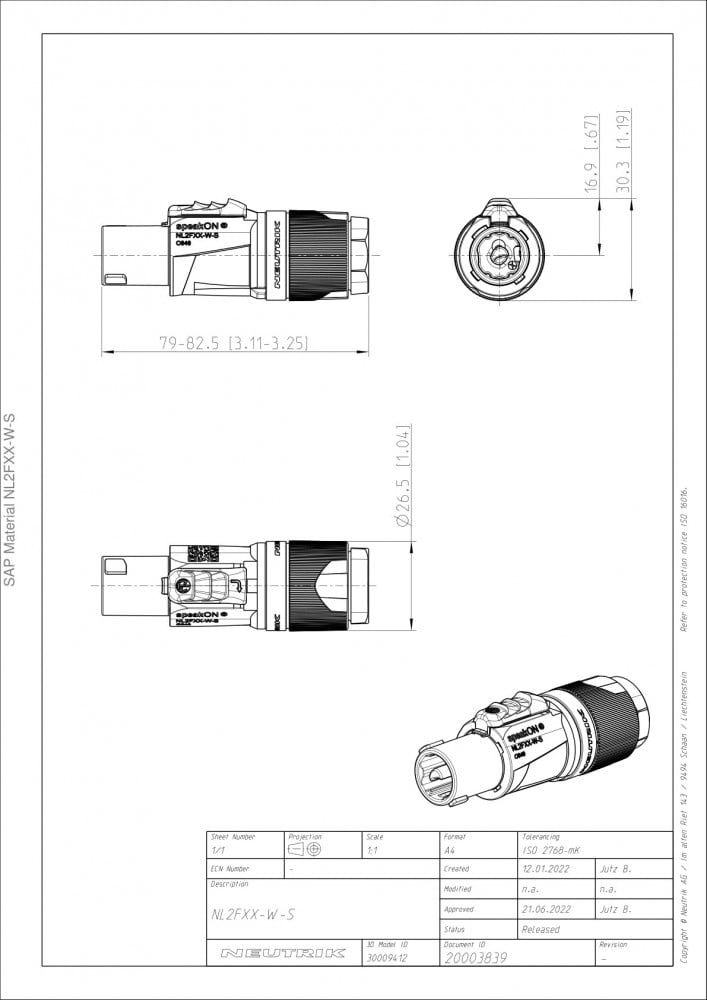 Neutrik NL2FXX-W-S technical drawing page