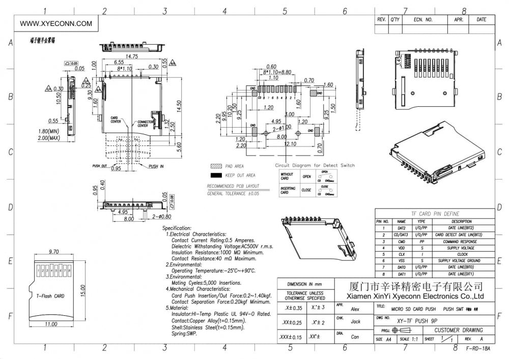 XY-TF PUSH 9P technical drawing page 1