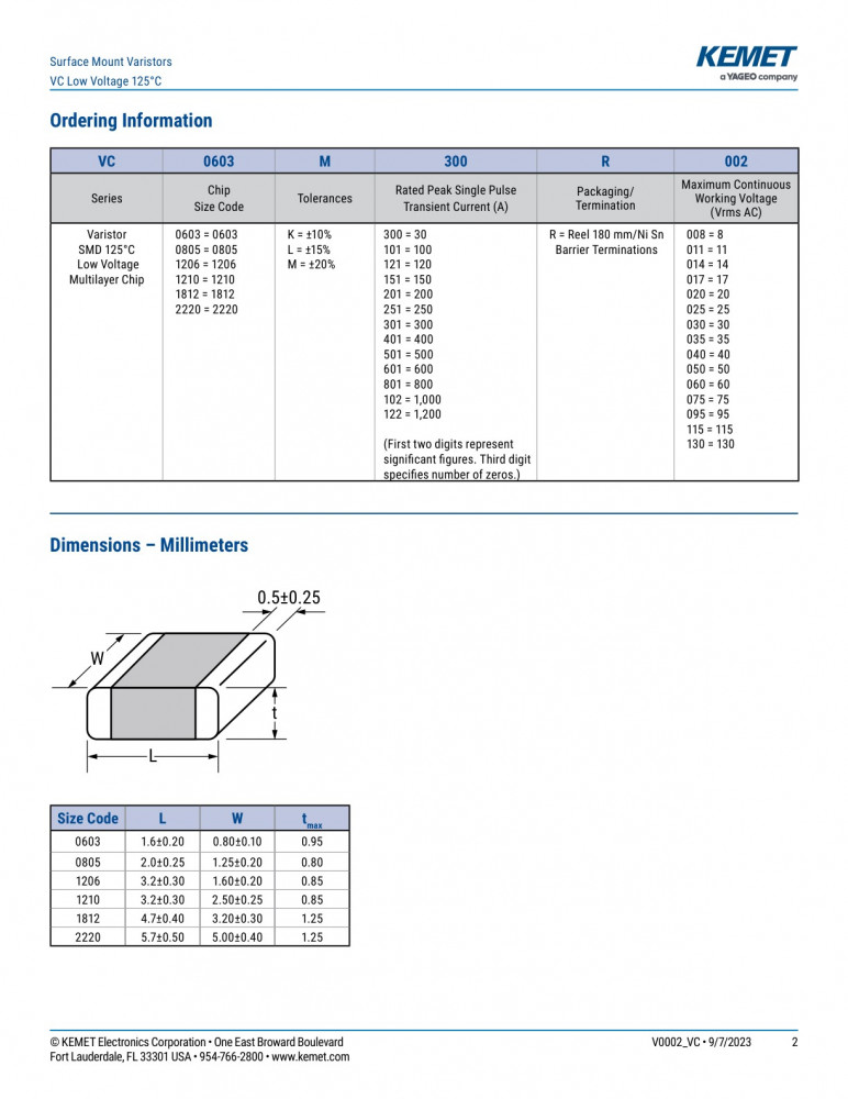 KEMET VC series datasheet page 2