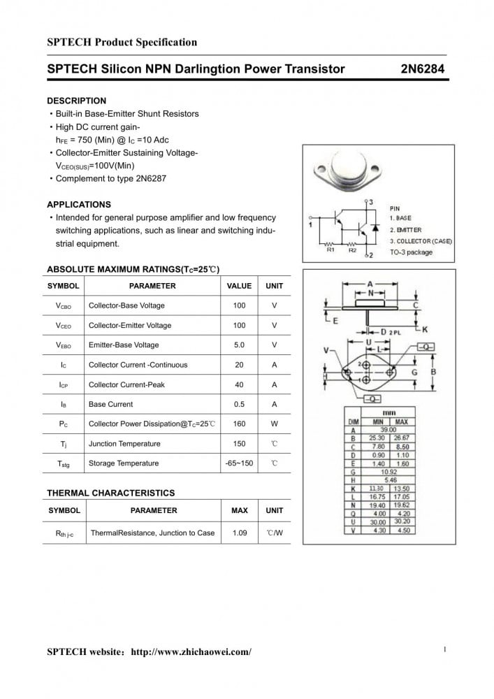2N6284 datasheet page 1