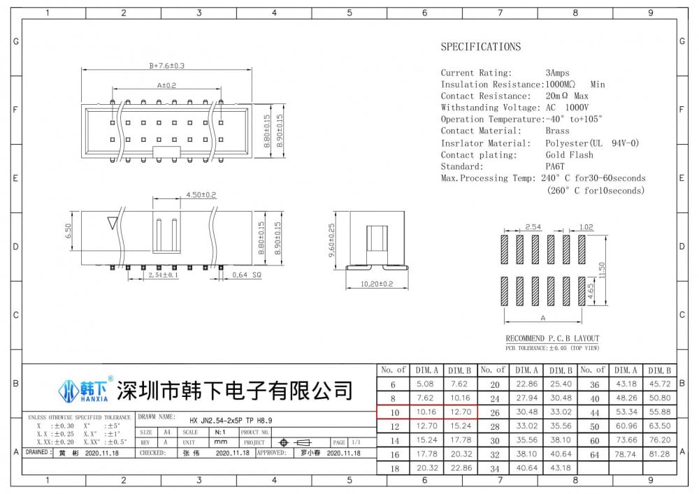 HX JN2.54-2x5P TP H8.9 technical drawing page