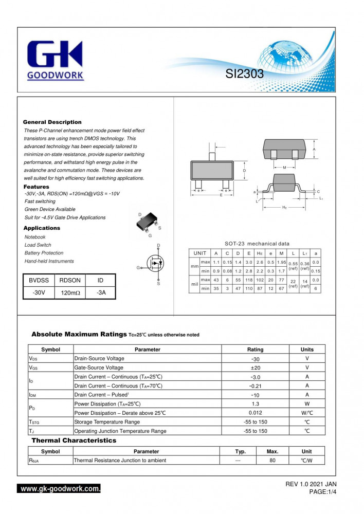 GOODWORK SI2303 datasheet page 1