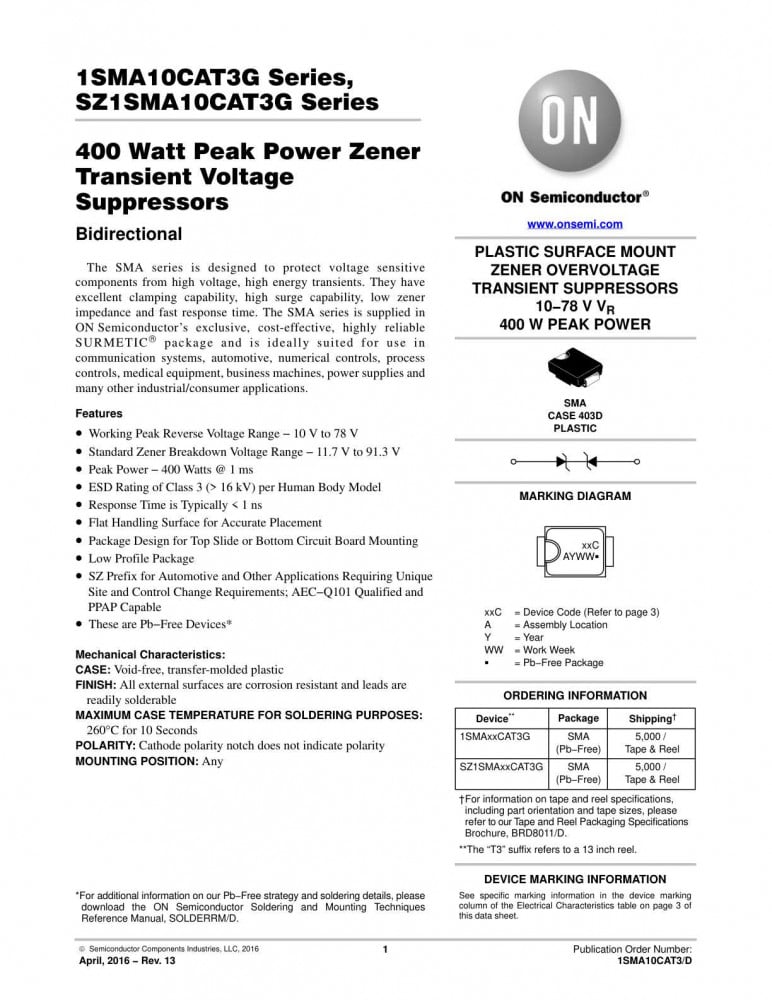 1SMA60CAT3G datasheet page 1