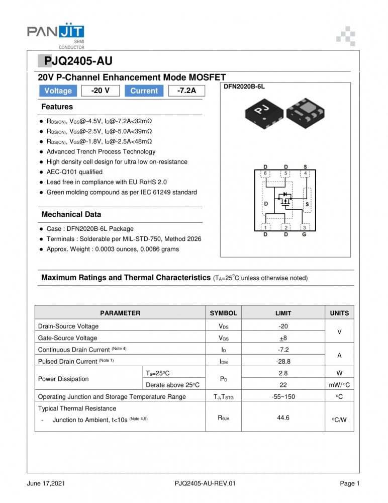 PJQ2405-AU datasheet page 1