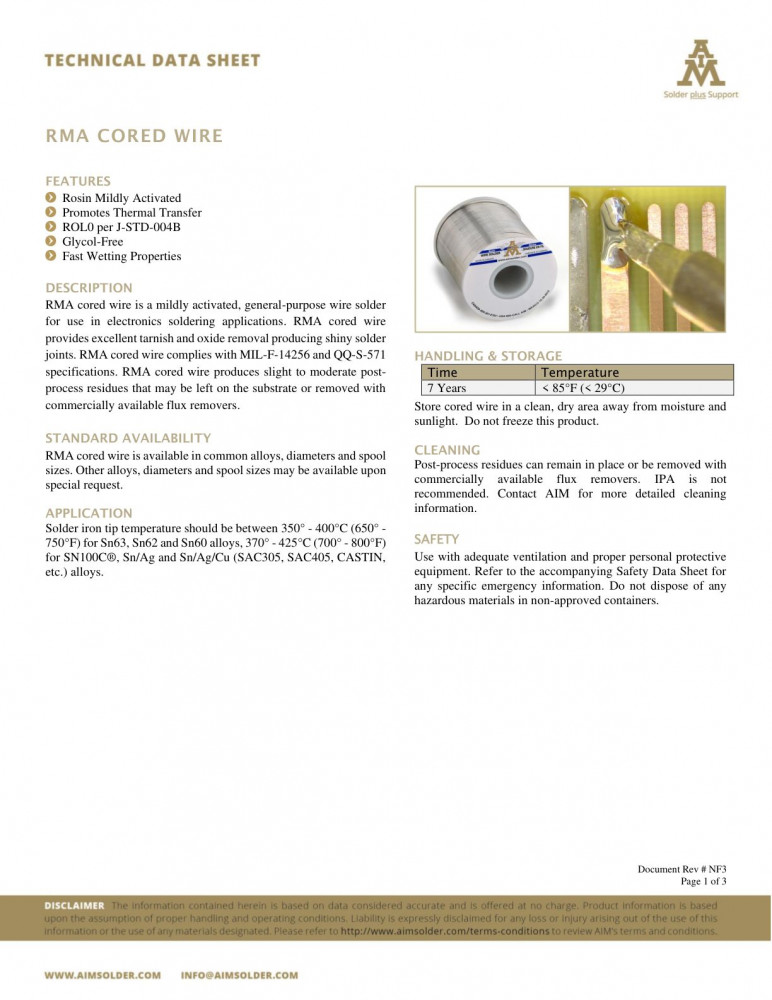 AIM RMA cored wire document page 1