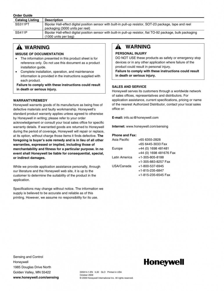 Honeywell SS411P datasheet page 4
