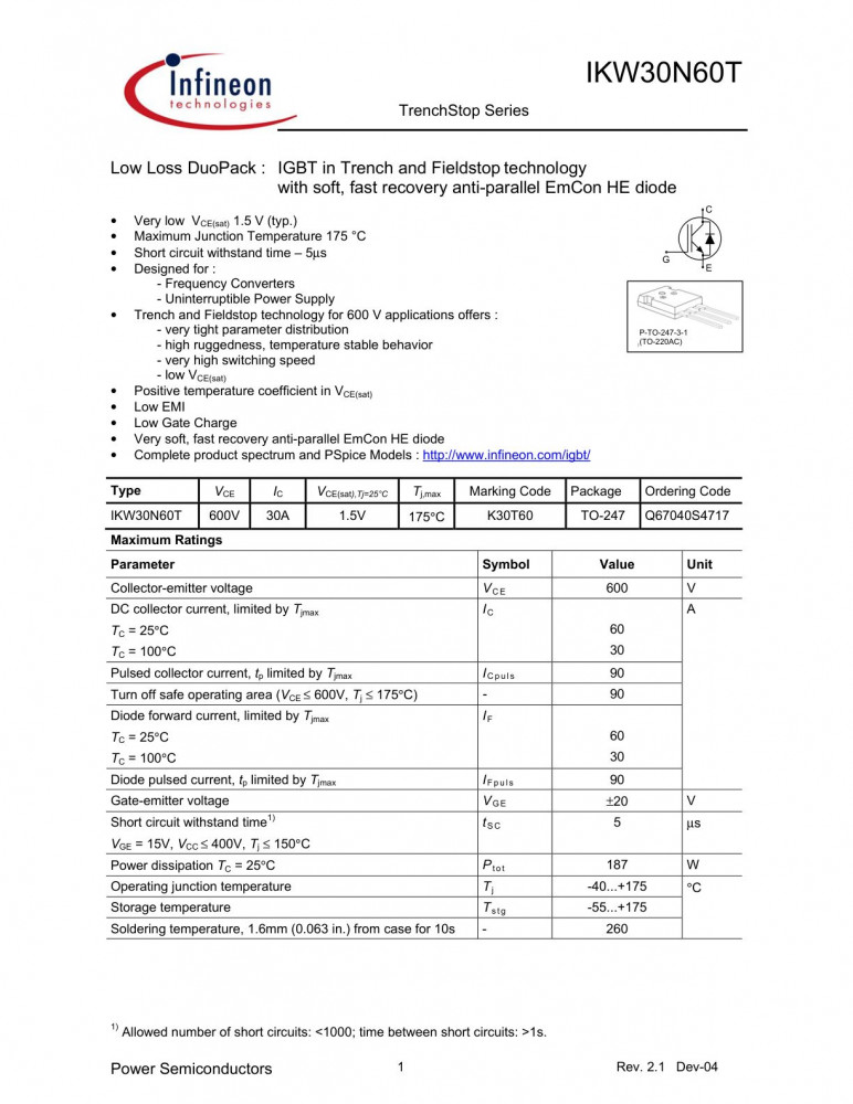 IKW30N60T datasheet page 1