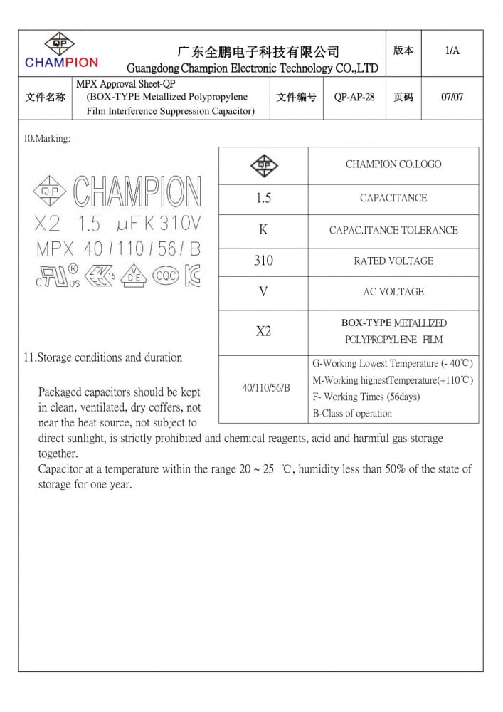 CHAMPION MPX-QP approval sheet supplementary page