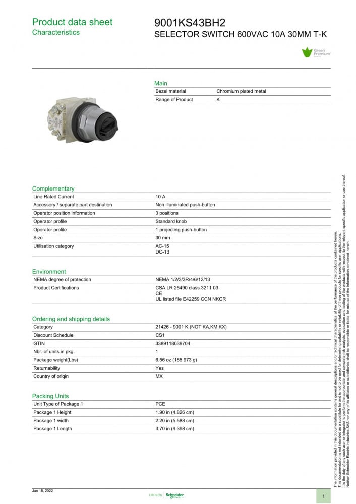 9001KS43BH2 technical document page 1