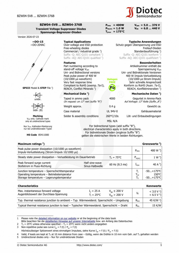 DIOTEC BZW04 datasheet page 1