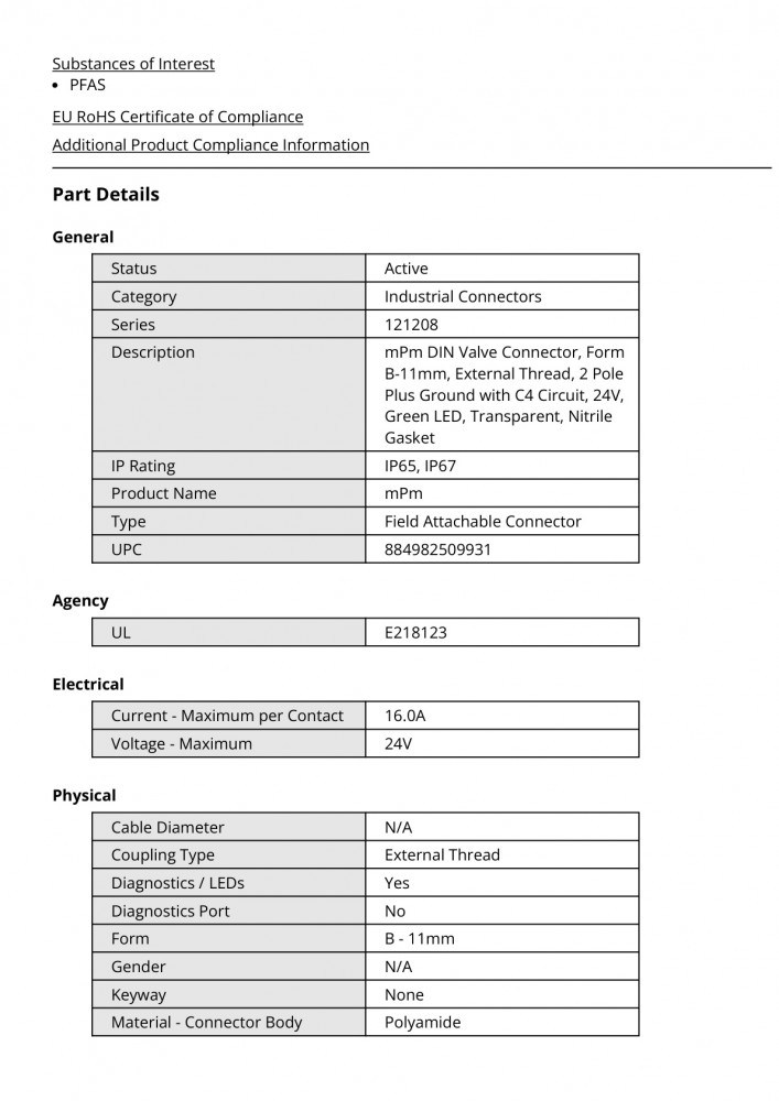 Molex DIN valve connector specification, page image 2