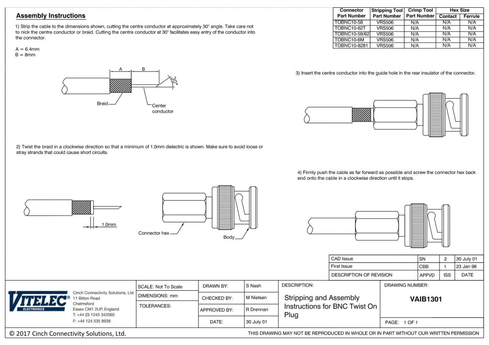 CINCH TOBNC10-59/62 BNC twist-on plug assembly instruction