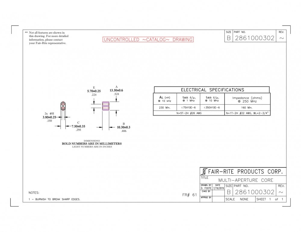 Fair-Rite 2861000302 technical drawing page
