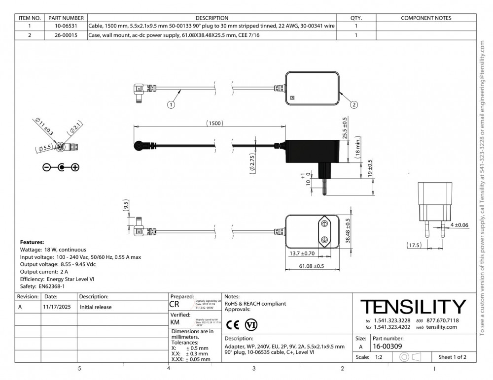 Tensility International 16-00309 product drawing and assembly information