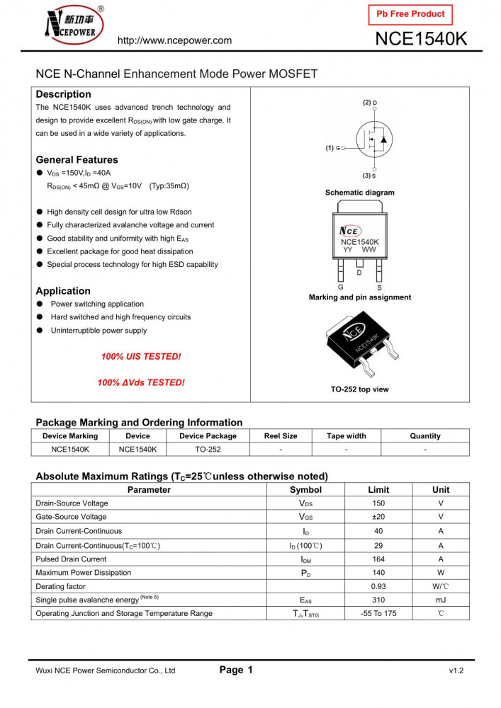 NCE1540K datasheet page 1