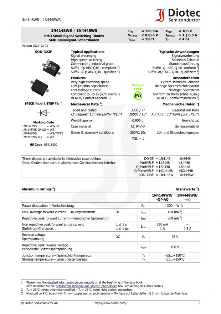 DIOTEC 1N4148WS and 1N4448WS datasheet page 1
