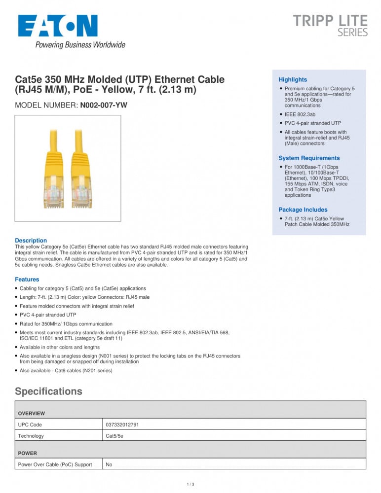 EATON N002-007-YW technical document page 1
