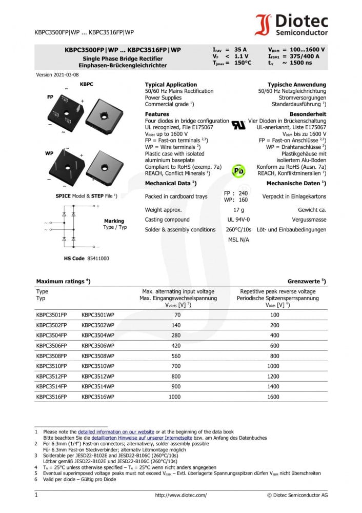 DIOTEC KBPC3510FP datasheet page 1