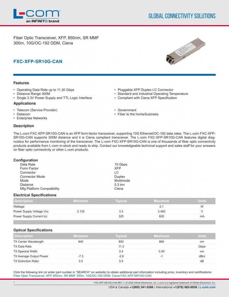 FXC-XFP-SR10G-CAN datasheet page 1