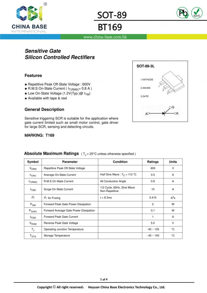 CBI BT169 datasheet page 1