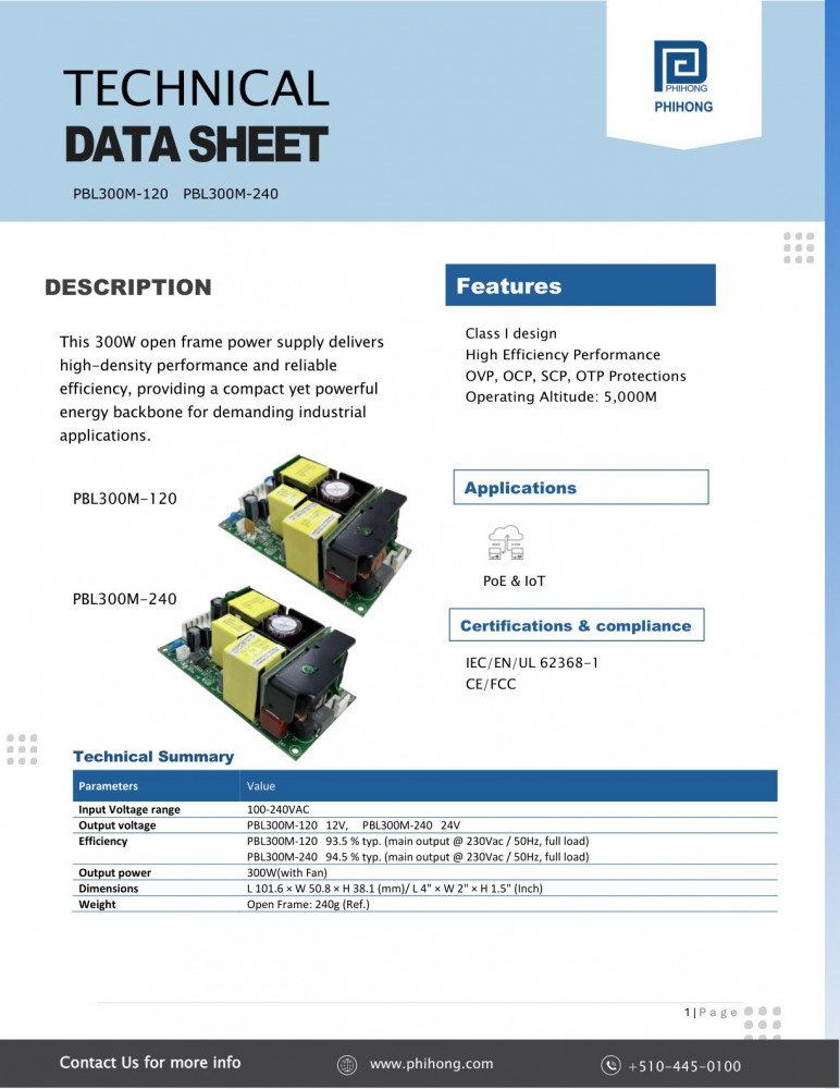 Phihong PBL300M-240 technical document page 1