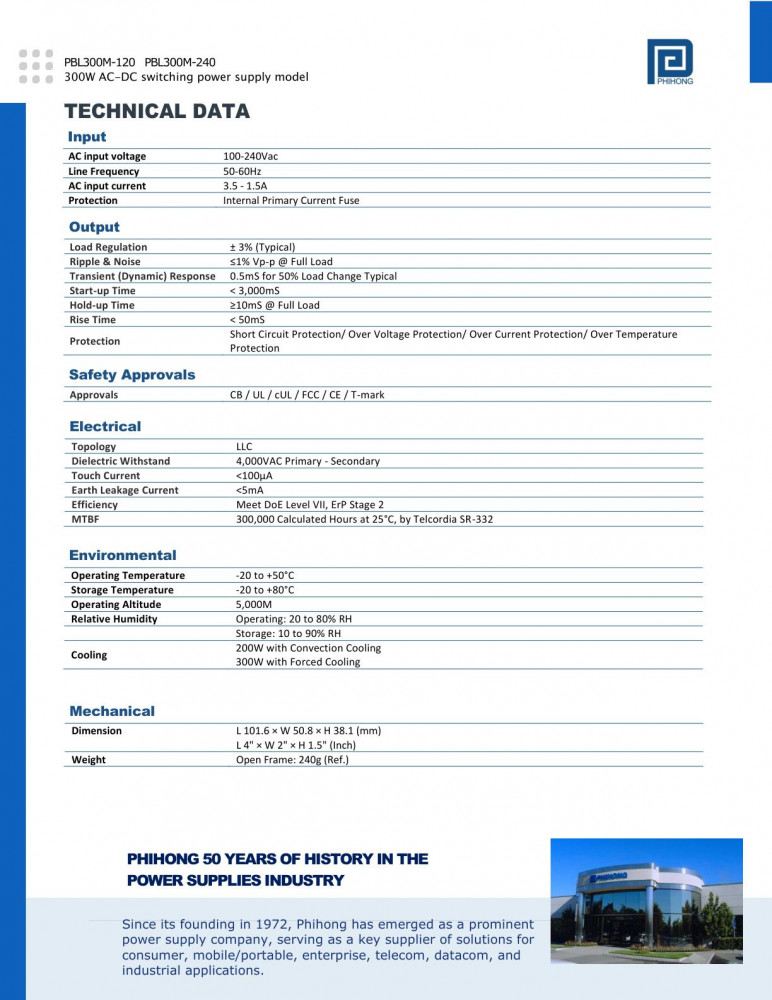 Phihong PBL300M-240 technical document page 2