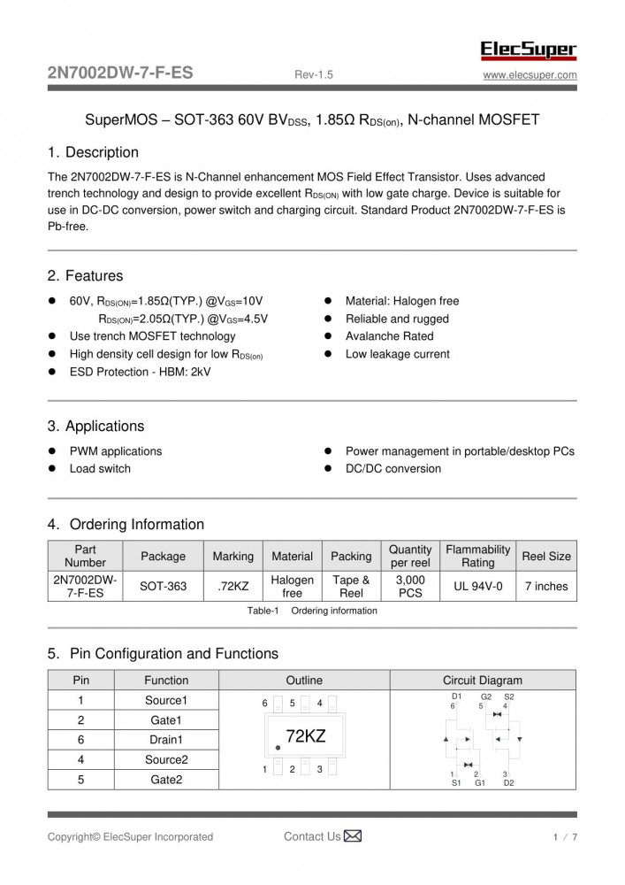 2N7002DW-7-F-ES datasheet page 1
