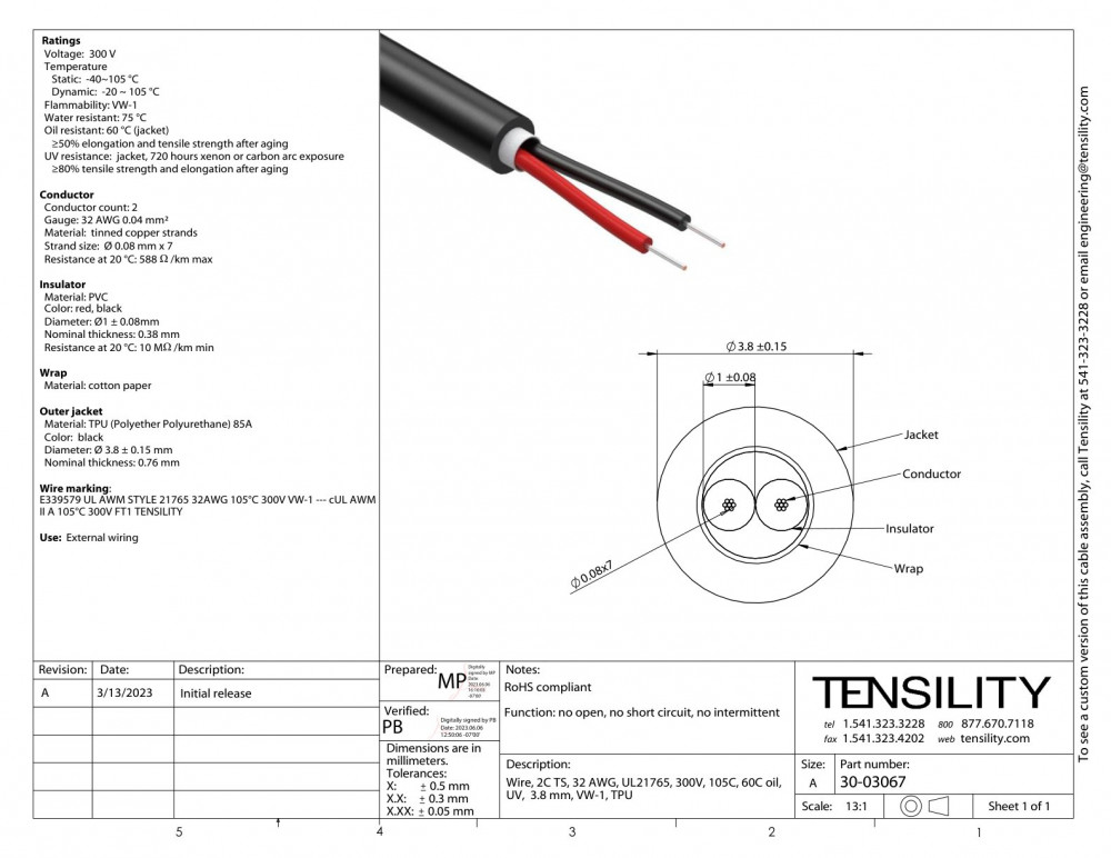 Tensility International 30-03067 wire drawing and specification page