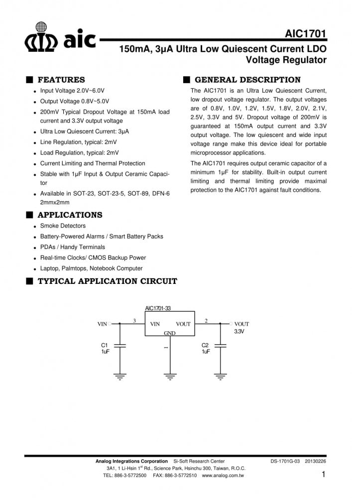 AIC1701 datasheet page 1
