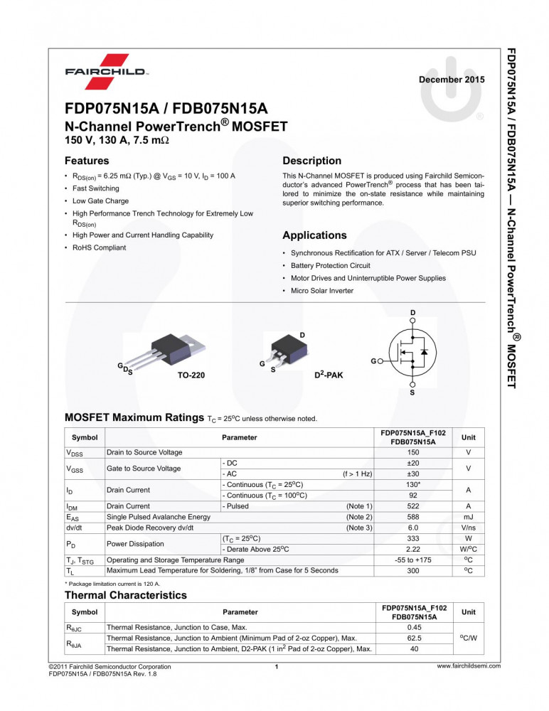 FDP075N15A-F102 datasheet page 2