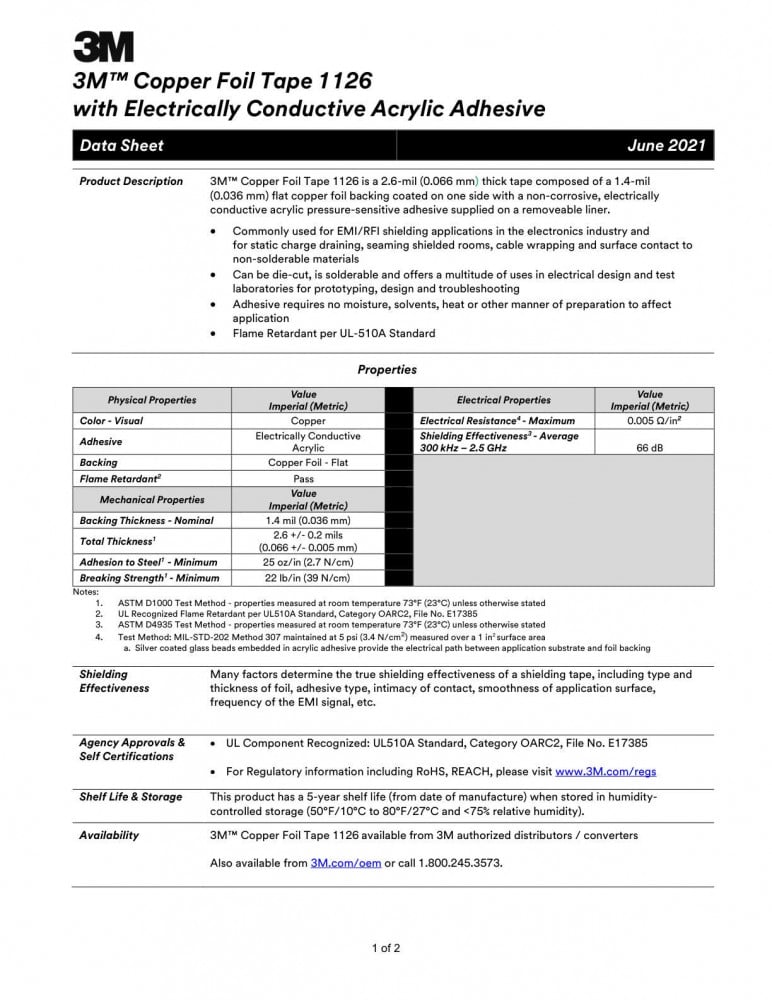 3M Copper Foil Tape 1126 datasheet page 1