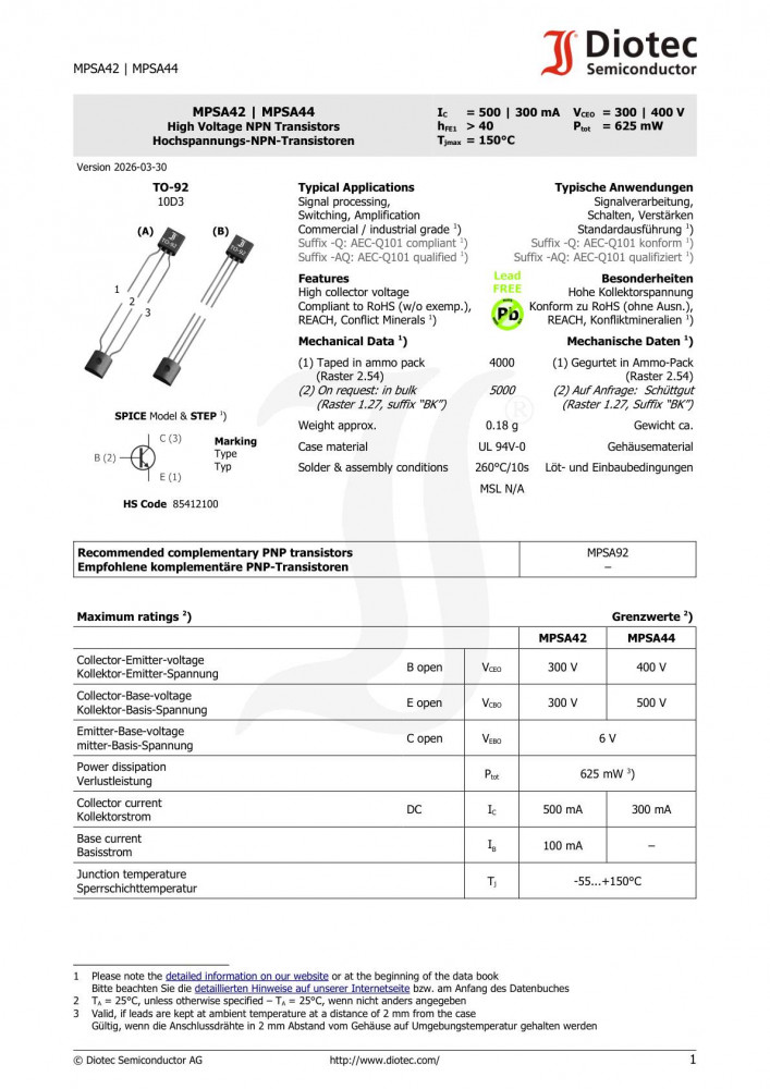 MPSA42 datasheet page 1