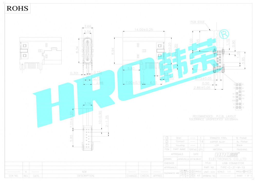 TYPE-C-31-M-19 USB connector manufacturer drawing
