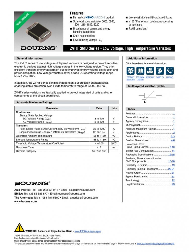 BOURNS ZVHT datasheet page 1